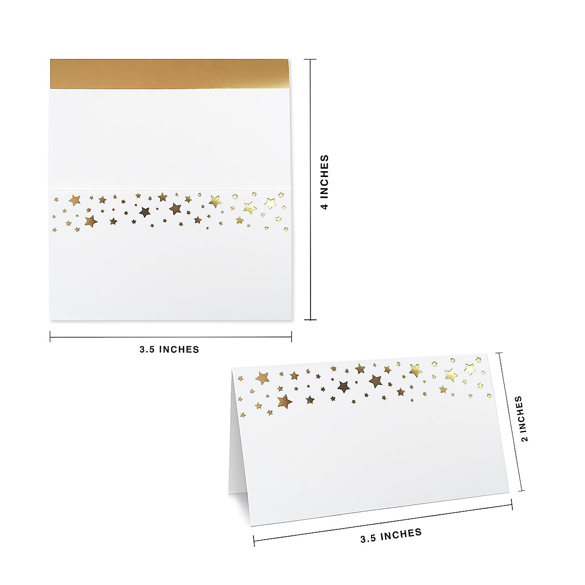 CLEVER SIGNS Gold Place Cards for Wedding or Party, 100 Pack, 2" X 3.5, Double Design, Gold Foil Stars and Line, Scored for Easy Folding, Place Cards for Table Setting, Seating Place Cards for Tables
