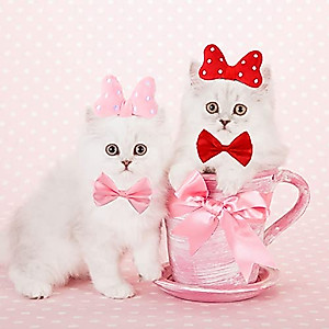 Whaline 4 Pack Valentines Day Pet Headbands and Bow tie Collar Set Cute Red Pink Polka Dot Pet Costume Accessory for Cat Puppy Rabbit Birthday New Year Valentine Party Wedding Costume Photo Prop