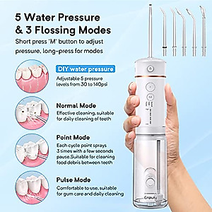 Water Flosser Cordless - ENPULY Portable Water Teeth Cleaner Pick with 3 Cleaning Modes & 5 Pressure Modes, 5 Jet Tips, IPX7 Waterproof, Rechargeable Oral Irrigator for Braces Bridges Tooth Care,White