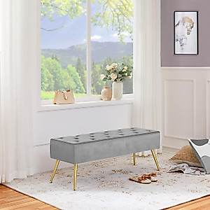 Yaheetech Modern Ottoman Bench Velvet Bench Upholstered Footrest with Gold Metal Legs and Padded Seat Gray