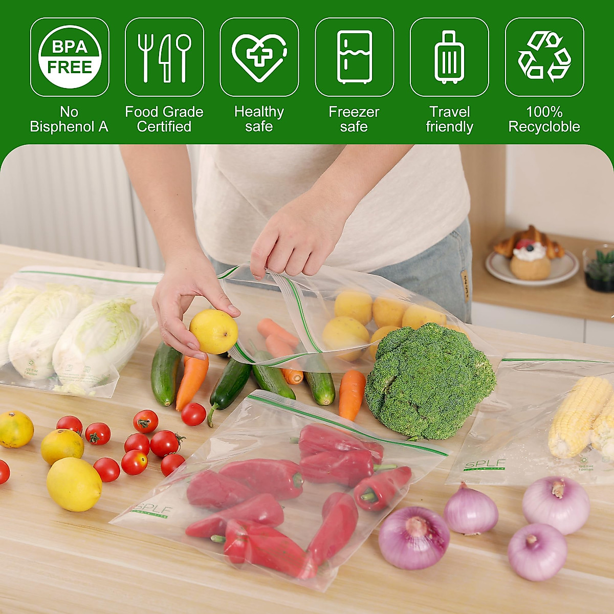 SPLF 15 Pack Reusable Gallon Freezer Bags Dishwasher Microwave Safe, 1 Gallon BPA Free Leakproof Food Storage Bags, Silicone Free Containers for Meal Prep, Fridge Kitchen Organization