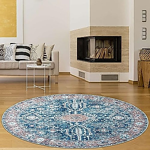 Softwoven Rugs, 5' Round Machine Washable Rug, 90% Cotton, Non-Slip, Family & Pet Friendly, Stain Resistant, Non-Shed, Vintage Design Area Rug for Living Room, Hallway - Navy and Brown