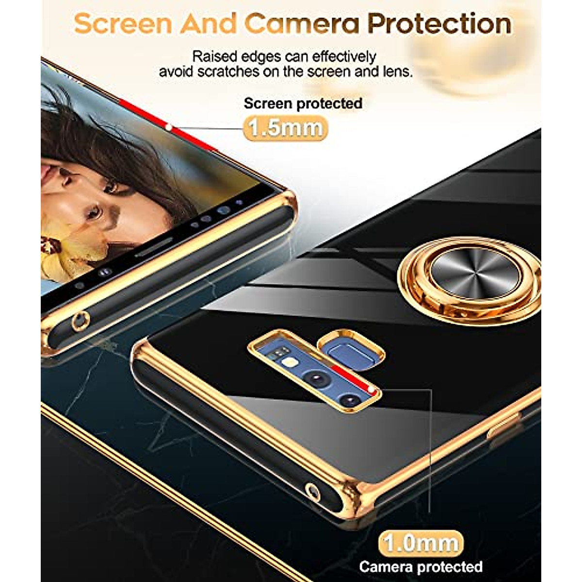 LeYi for Samsung Galaxy Note 9 Phone Case with Ring Kickstand [360° Rotatable Ring Holder Magnetic Kickstand] Plating Rose Gold Edge Protective Phone Cases Cover for Women Girls,Black