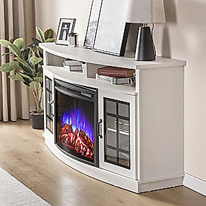 AMERLIFE Curved Fireplace TV Stand with 26'' Electric Fireplace, Media Entertainment Center Farmhouse Glass Door Storage Cabinet, Open Shelve Console Table for TVs up to 65'', Distressed White, 59''