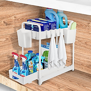 RASHNU Under Sink Organizers and Storage, 2 Tier Under Bathroom Storage Rack with 6 Hooks, Multi-purpose Storage for Bathroom Kitchen Cabinet (White 1 Pack)