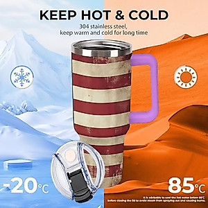 LLUTSNTH 40 Oz Vacuum Tumbler with Violet Handle Leakproof Insulated Tumbler Vintage American USA Flag Stainless Steel Travel Mug with Lid And Straw Coffee Cup Cute Water Bottles Cup Holder Friendly