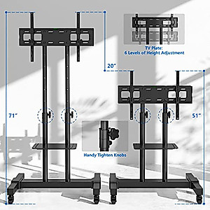 Rfiver Dual Monitors Mobile TV Cart with Tilt Mount for 37-80 Inch Flat Screen/Curved TVs, 2-Shelf Rolling TV Stand with Locking Wheels, Adjustable Floor TV Trolley for Trade Show, Extra Tall