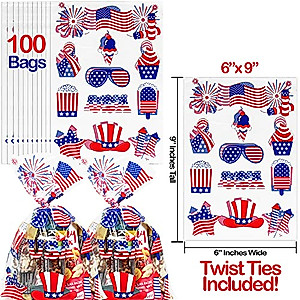 4th of July Cellophane Bags | 100 pcs (6” x 9” Inch) USA Treat Bags | 2.5 Mil Snack Bags with USA Patriotic Designs | Independence Day Cello Treat Bags| USA Game Day Party Decoration | 4th of July Party Treat Bags | By Anapoliz