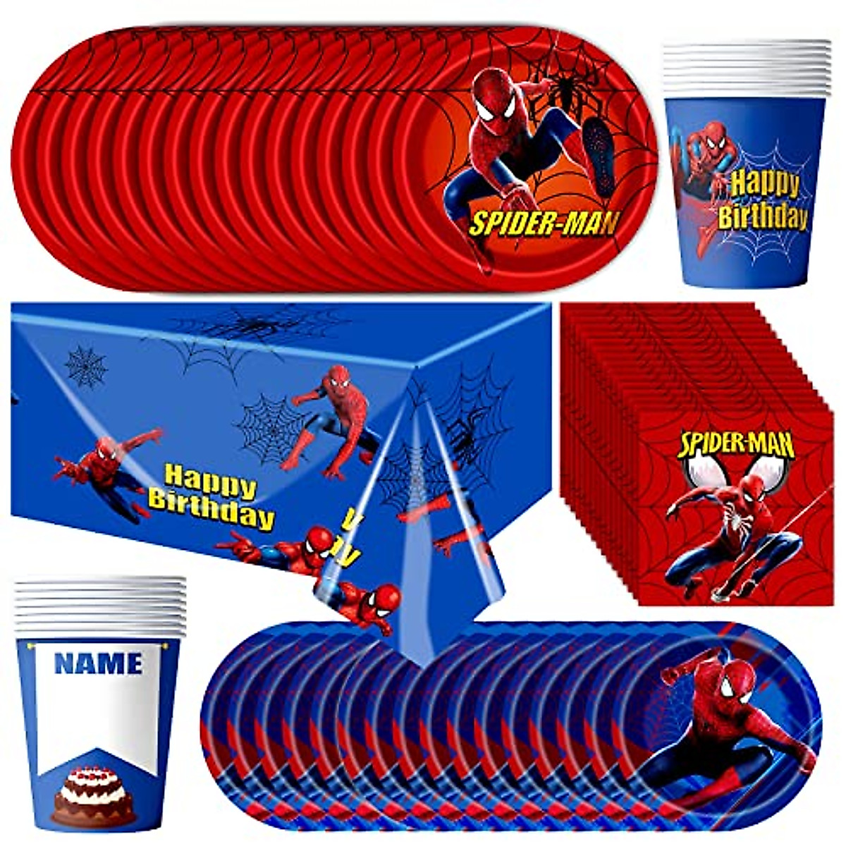 Spiderman Party Supplies for Kids Birthday, Disposable Tableware for 16 Guests, Include 7” Plates,9” Plates, 9 oz Cups, Table Cover, Napkins