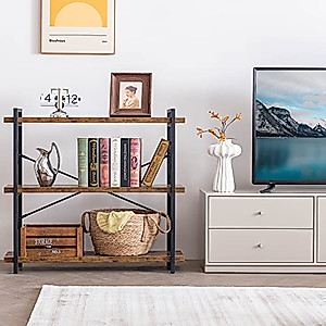 HCHQHS Bookshelf, 3-Tier Industrial Bookcase, Rustic Open Book Shelf, Wood and Metal Horizontal Bookshelves