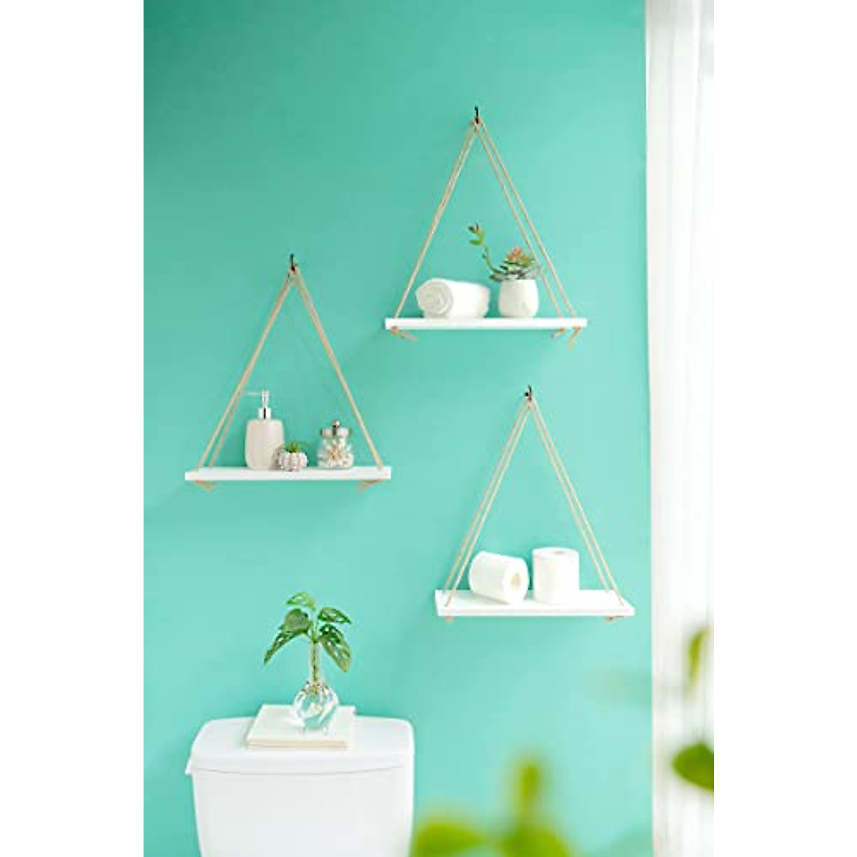 Mkono Wood Hanging Shelves for Wall Boho Decor Swing Rope Rustic Floating Shelf, Set of 3 Wall Display Shelving Home Organizer Rack for Living Room Bedroom Bathroom Kitchen,White