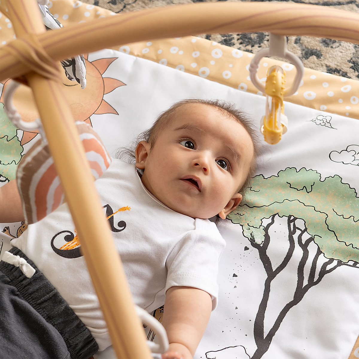 JumpOff Jo - Baby Gym Activity Center & Washable Play Mat - Includes 5 Early Development & Sensory Toys – Ideal for Infants Ages 3 Months or Older - Tiny Dino Blue