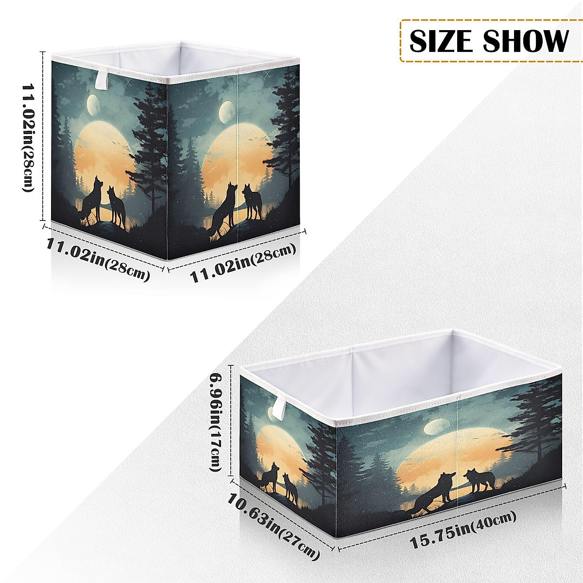 Flradish Wolf Collapsible Fabric Storage Baskets Rectangular Bins with Handle for Organization Shelves,Offices,Toys,15.8x10.6x7 Inches