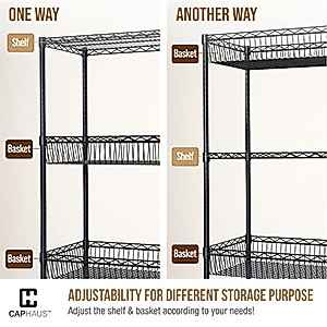 CAPHAUS NSF Adjustable 5 Tier Wire Shelving Unit w/Basket & Liner, Metal Storage Rack Corner Shelves, Storage Rack for Kitchen, Bathroom, Laundry Closet, Metal Wire Shelving w/Basket Shelves Black