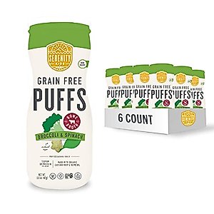 Serenity Kids 6+ Months Grain Free Puffs Toddler & Baby Snack | No Added Sugar, Gluten & Rice Free, Allergen Free | Made with Organic Cassava, Veggies, and Herbs | Broccoli & Spinach | 6 Count