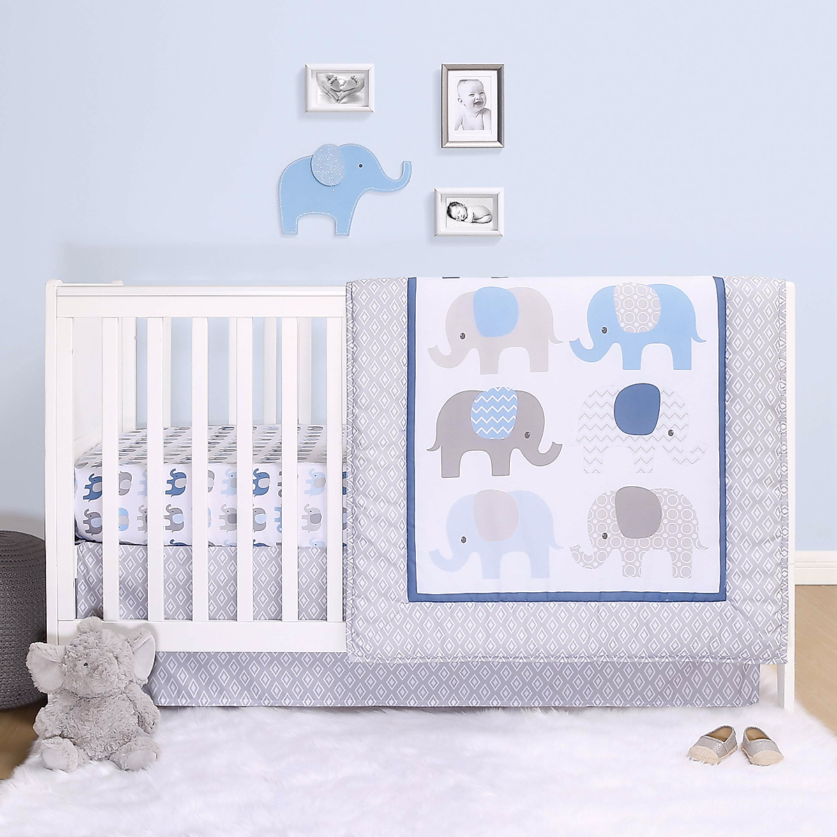 The Peanutshell Sleepy Elephant Crib Bedding Collection - 5 Pieces - Crib Comforter, Crib Skirt, 3 Fitted Crib Sheets