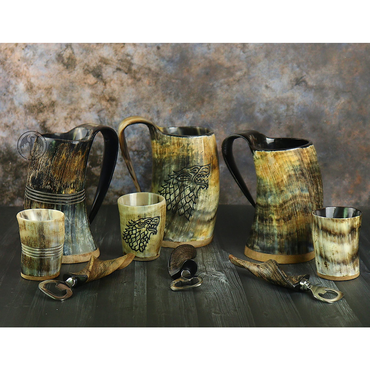 OLDEMPEROR Viking Drinking Horn Mug, 15-20oz| Shot Glass and Bottle Opener| Unique Handmade Viking Spacial Gifts for Men and Women - Food Grade Medieval Style (Fenrir)