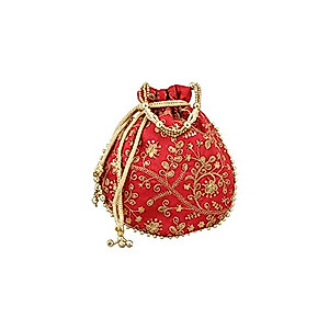 GoldGiftIdeas Gold Handcrafted Embroidered Dupion Silk Potli Bags for Women, Potli Pouches for Return Gifts, Fancy Bridal Potli Purse for Wedding, Shagun Potlis (Set of 5)