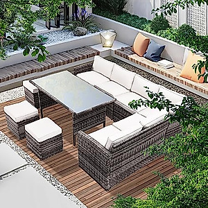 JETEAGO 7 Piece Patio Furniture Set Wicker Conversation Set Outdoor Garden Sectional Rattan Sofa with Dining Table,Ottoman for Yard Poolside, Beige