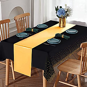 16Pack Disposable Plastic Tablecloths and Satin Table Runner Set Black Gold Dot Table Cloth Gold for Graduation Wedding Birthday Baby Shower Anniversary Holiday Party Decorations