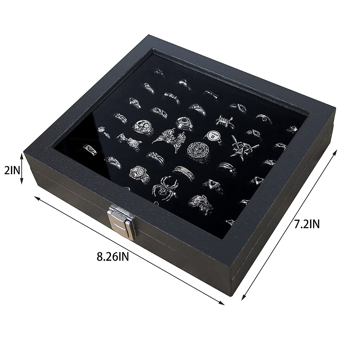 Pangkeep 42 Slots Ring Organizer Display Case,Black Jewelry Storage Tray Boxes for Multiple Rings,Glass Lid,Stackable.