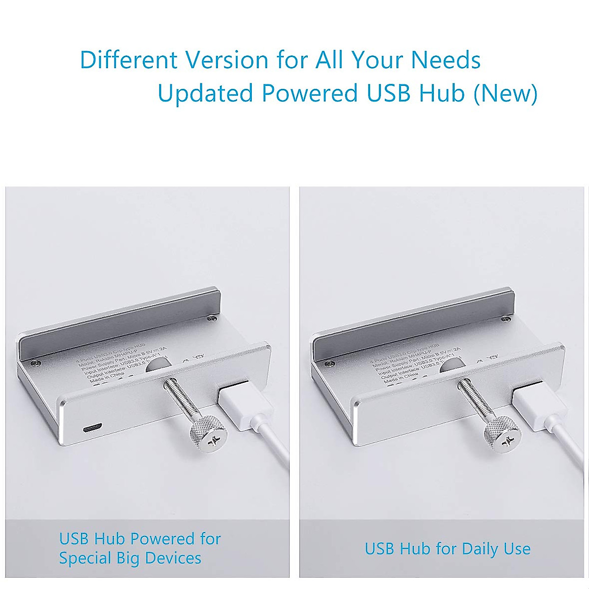 Powered USB Hub 3.0 – Rekidm USB Hub with Extra Power Supply Port, Aluminum Clamp for Desktop, Computer, PC, Table Edge with Durable Adjustable Clip, Compact Space-Saving Mountable USB Hub (Silver)