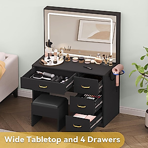 DWVO Makeup Vanity Table, Vanity Desk Set with Large Mirror and LED Lights, Brightness Adjustable, Vanity with 4 Drawers, Bedroom Vanity Table with Cushioned Stool for Women Girls, Charcoal Black