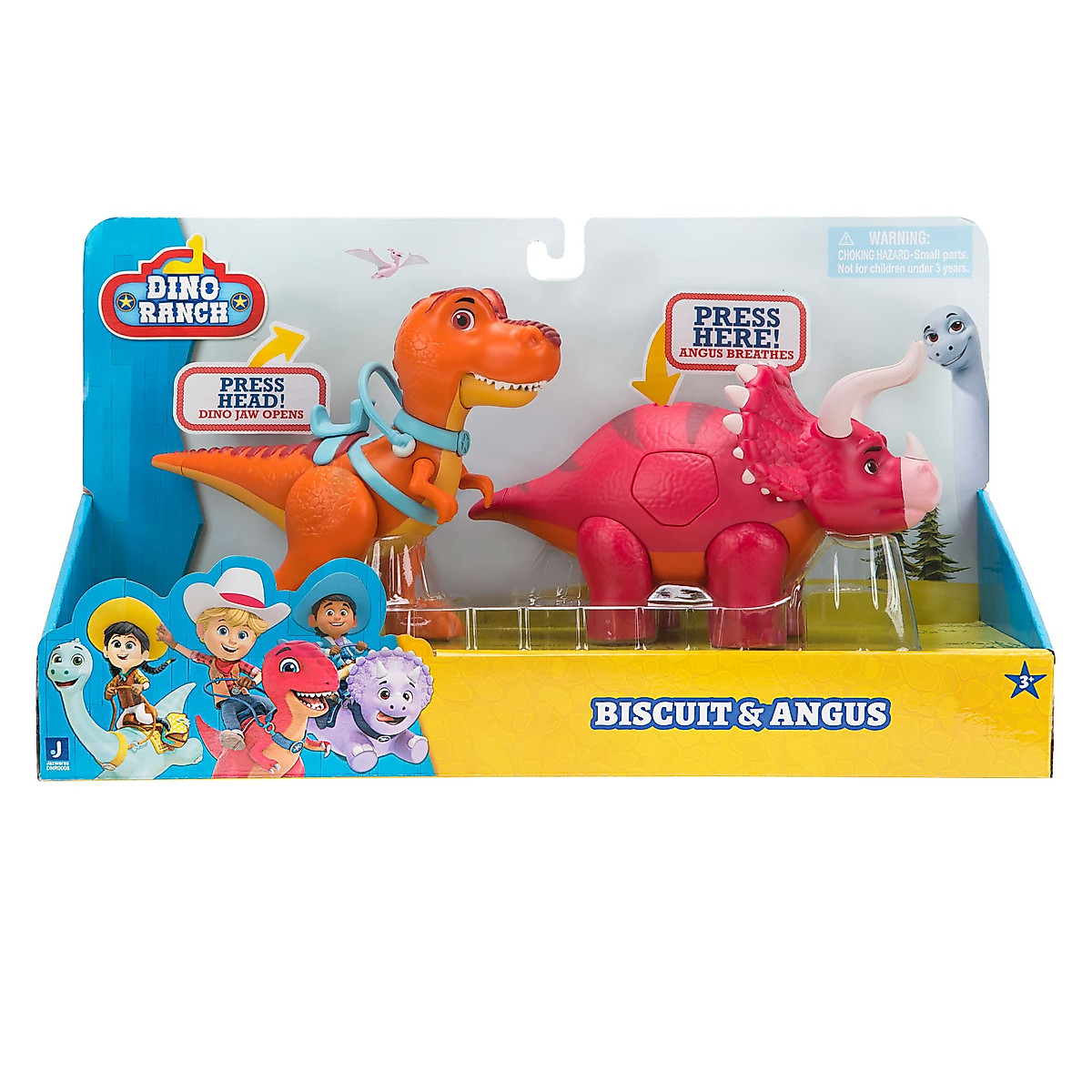 Dino Ranch Deluxe Dino 2-Pack - Features Biscuit, a 5-Inch Toy T-Rex, and Angus, a 4-Inch Toy Triceratops - Toys for Kids Featuring Your Favorite Pre-Westoric Ranchers