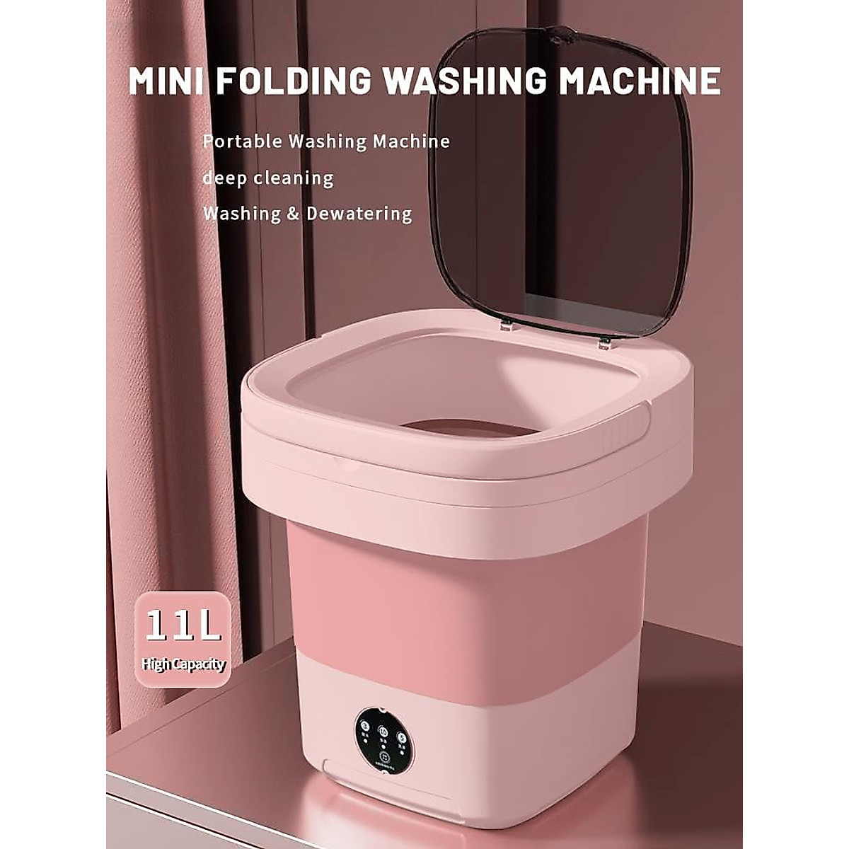 Portable washing machine,Mini Washer,11L upgraded large capacity foldable Washer.Deep cleaning of underwear, baby clothes and other small clothes.Suitable for apartments, dormitories, hotels. (Pink)