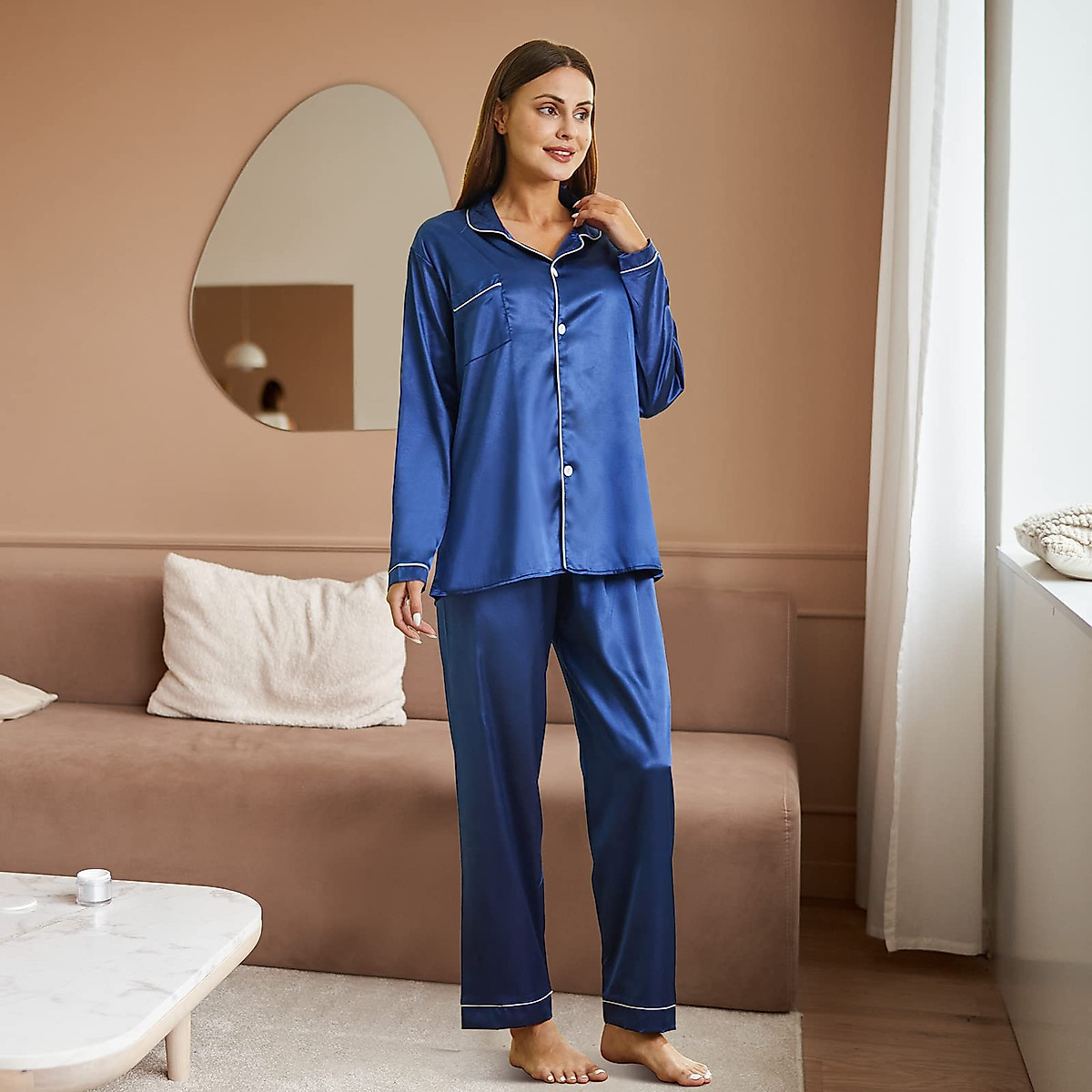 Unittype Women Silk Pajama Set Long Sleeve Silk Sleepwear Satin 2 Pcs Classic Button Down Pajamas for Bride Wedding Party (Blue,M)