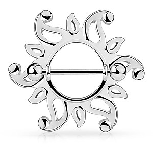 Pair of Sun Tribal Nipple Shield Ring 14K Gold Plated on Surgical Steel Barbell - Silver