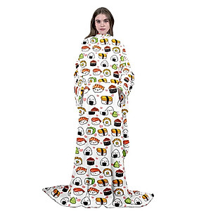 Cute Sushi Print Wearable Fleece Blanket with Sleeves for Adult Kids Women Men, Japanese Food Micro Plush Comfy Wrap Sleeved Throw Blanket, Kawaii Soft Plush Throw Blanket with Sleeves, 50"x70"