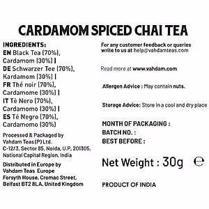 VAHDAM, Cardamom Masala Chai Tea Bags (30 Count) Non GMO, Gluten Free, No Artificial Flavor | Blended w/Exotic Spices | Chai Tea | Resealable Ziplock Pouch | Individually Wrapped