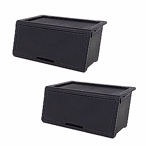 ASTAGE flip top storage bin lockable box plastic storage box with retractable lid modular stackable box storage organization - Large 2 Pack Black