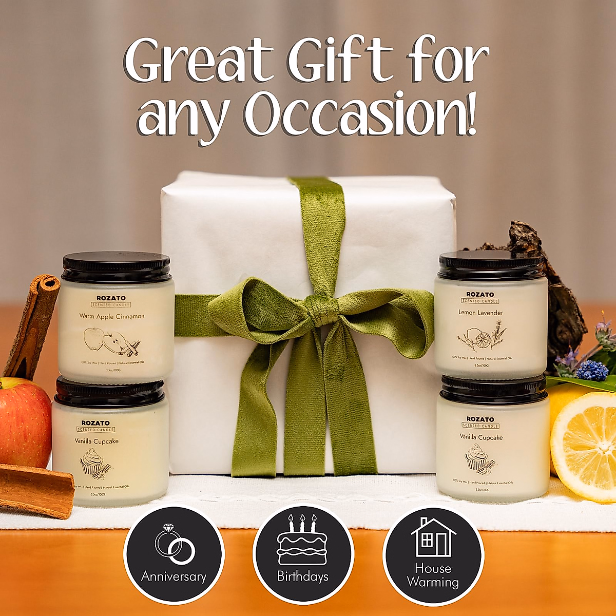 ROZATO Set of 4 Scented Jar Candles, Aromatherapy Candles Clearance for Home Scented, Long-Lasting 100% Soy Wax Candle Gifts for Women Her Mom Housewarming, Lavender Vanilla Apple Cinnamon Scents