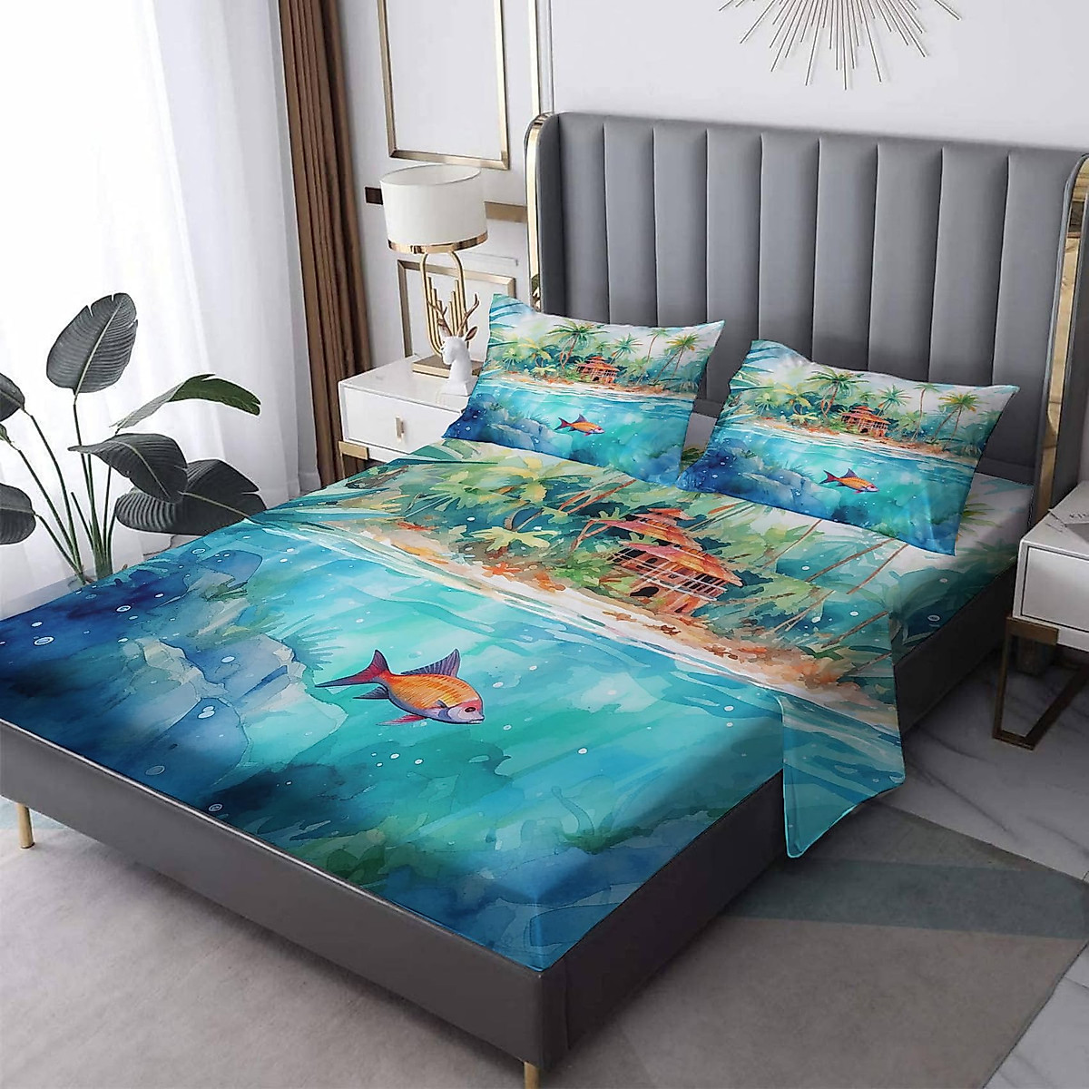 Fish Sheets Full Size, Tropical Landscape Bed Sheets, Patterned Bedding Sheets & Pillowcases 4 Piece Set - Soft Microfiber Deep Pocket Fitted Sheet & Flat Sheet & 2 Pillow Cases M2-&-191