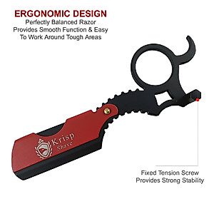 Professional Straight Razors For Men, Barber Razors Straight Edge Razor Kit For Close Shaving - Beard Cut Throat Finger Razor Safety Shavette With 10 Shaving Blades By Krisp Beauty (Black/Red)