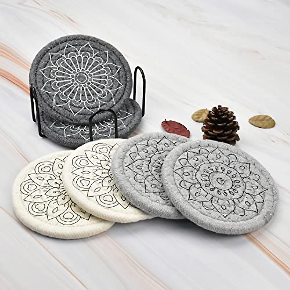 Coasters for Drinks Absorbent with Storage Bracket, Sets of 6 Handmade Braided Woven Coasters for Coffee Table Wooden Table, Great Home Decor Gift