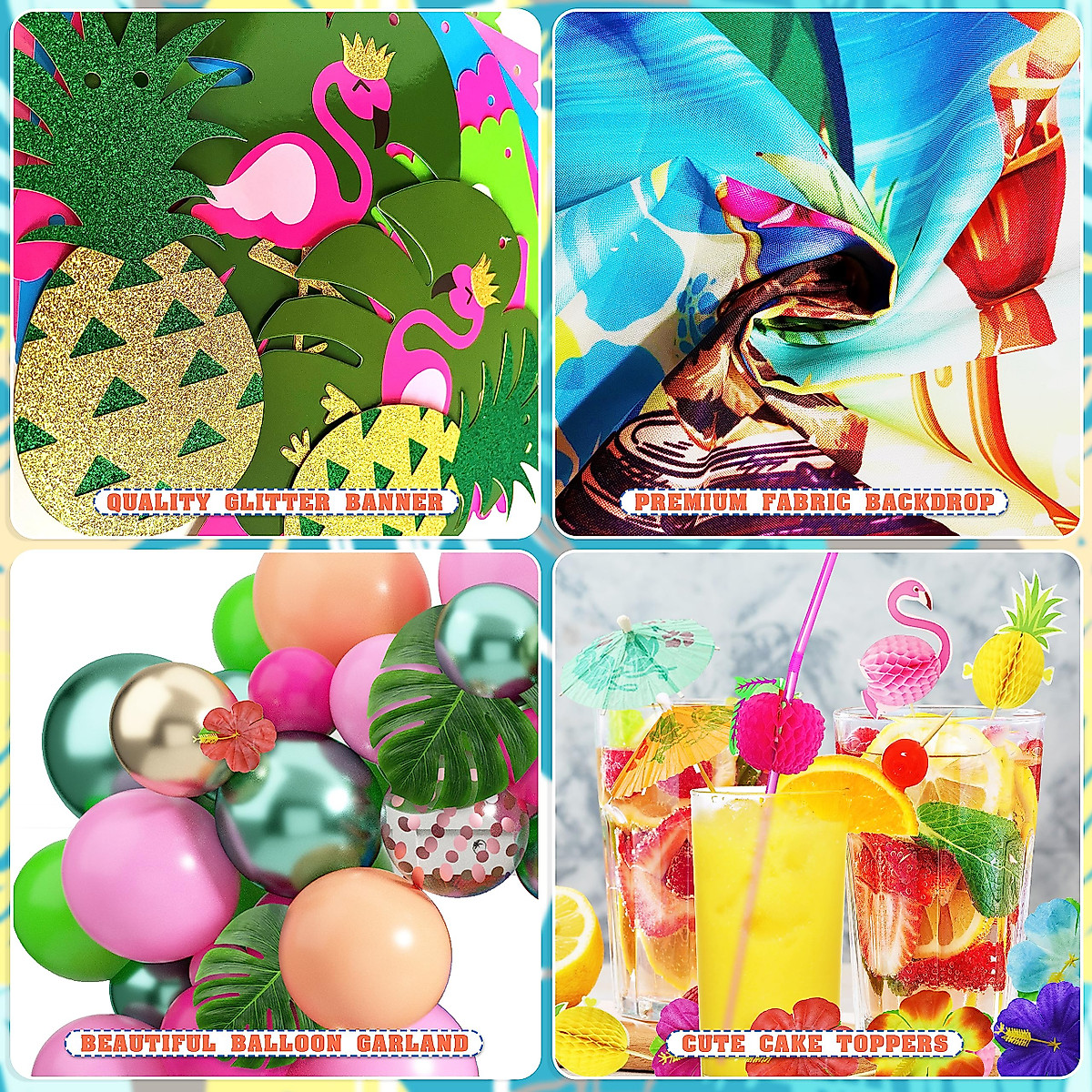 Hawaiian Luau Party Decorations Tropical Luau Theme Aloha Party Pack 171pcs for Summer Beach Holiday (Including Table Skirt, Backdrop, Banner, Balloons, Hibiscus Palm Leaves, Cake Toppers) (Luau-02)