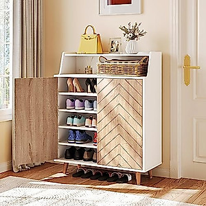 YITAHOME Shoe Cabinet with Doors, 5-Tier Shoe Storage Cabinet with Open Shelves, Large Capacity Wooden Shoes Rack Organizer with Pine Wood Legs for Entryway/Hallway/Closet, White