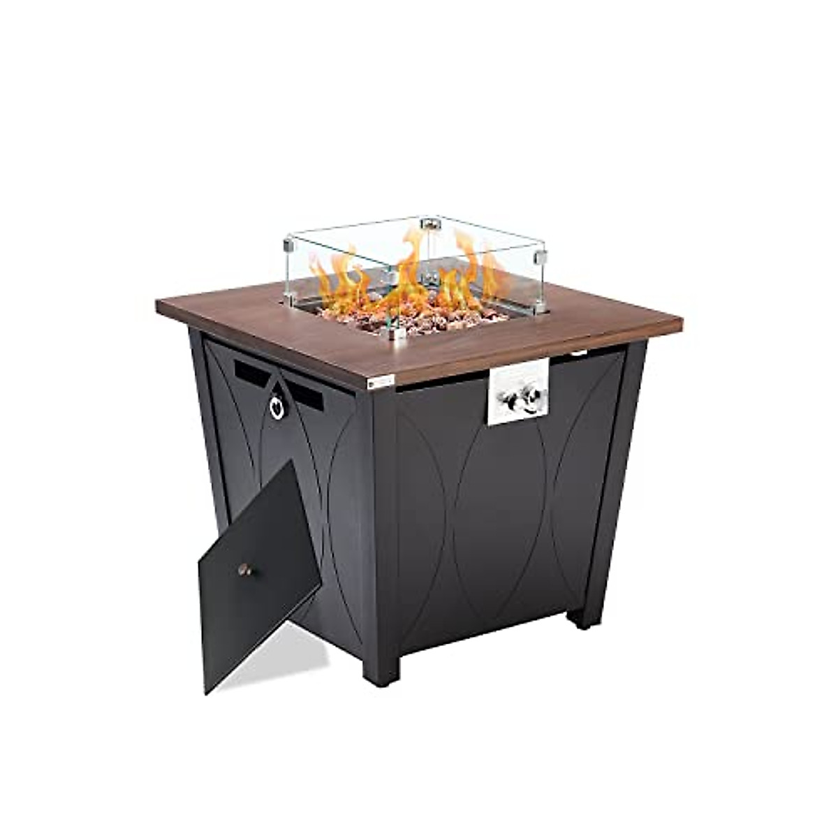 ESSENTIAL LOUNGER 28” Propane Gas Fire Pit Table, 50,000BTU Auto-Ignition Propane Gas Fire Table, with Tempered Glass Cover and Black Steel Lid