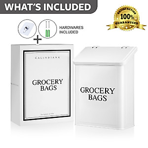 Calindiana Modern Farmhouse Metal Magnetic Grocery Bags Holder for Plastic Bags with LId and Kitchen Organizer and Storage Wall Mount Grocery Bag Dispenser Space Saving, White
