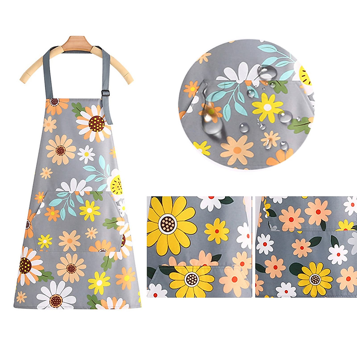 2 Packs Kitchen Bib Aprons for Women with Pockets Cute Sunflower Floral Blue Grey Adjustable Cotton Canvas Flower Chef Cooking Apron for Cooking Baking Gardening Birthday Gifts for Mom Wife Grandma