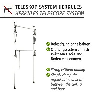 WENKO Herkules Flex Garment Rack, Rail, Adjustable, Tension Rod, Heavy Duty, for Hanging Clothes, Storage, Organizer, with Shelves, 14.2 x 74.8 x 118.1 inch, White