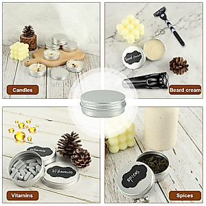OBKJJ 96 Pack Round Cans with Screw Lid 2 Oz Aluminum Metal Tins DIY Food Candle Containers for Lotion Bars, Balms, Salve, Spices, Beard Balm, Crafts with 4 Markers 3 Sheets Label Stickers (Silver)