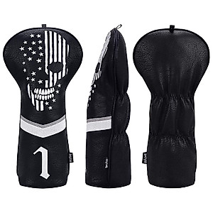 caiobob mytag Golf Skull Skeleton Head Cover Golf Club Black Leather Headcovers Set Fits Driver Fairway Wood Hybrid (1pc Driver Cover)