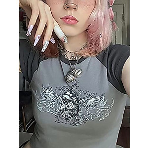 Y2K Crop Tops for Woman Short Sleeve Crew Neck Baby Tees Grunge Wing Print T-Shirt A Grey