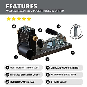 Massca Pocket Hole Jig Kit M1 - Adjustable & Easy to Use Pocket Screw Jig - Heavy Duty Drill Jig for Angled Holes with Drill Bit, Pocket Self Tapping Screws &Driver Bit,
