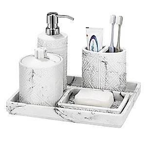 Lewondr Bathroom Accessories Set, 5-Piece Resin+Grit Embossed Bath Countertop Set with Vanity Tray, Soap Dish, Soap & Lotion Dispenser, Cotton Jar, Divided Toothbrush Holder - White