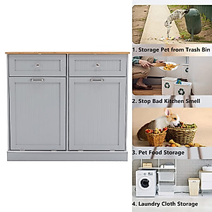 Double Trash Cabinet Tilt Out 20 Gallon, Pet Proof Kitchen Trash Cabinet Laundry Hamper with Cutting Board, Wood Garbage Recycling Station Hideaway Trash Holder Drawers (Grey)